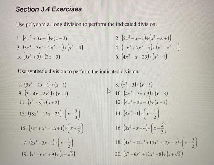 Solved Section 3.4 Exercises Use polynomial long division to | Chegg.com