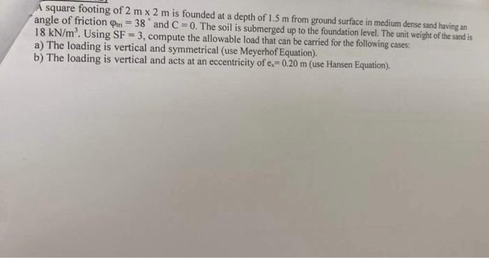 Solved A square footing of 2 m×2 m is founded at a depth of | Chegg.com