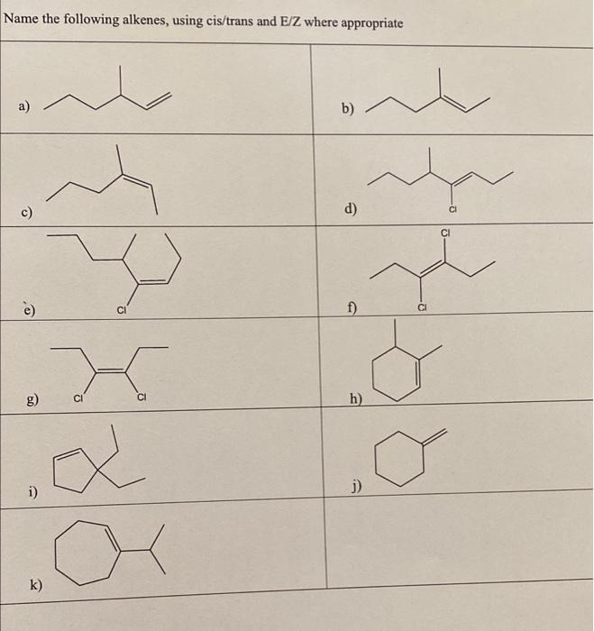 Solved Name the following alkenes, using cis/trans and E/Z | Chegg.com