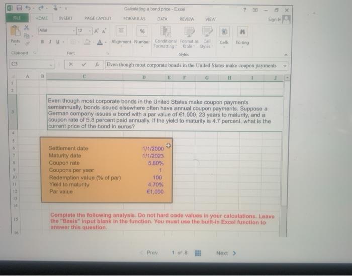 Solved 7 Calculating A Bond Price Excel Formulas Data Review 