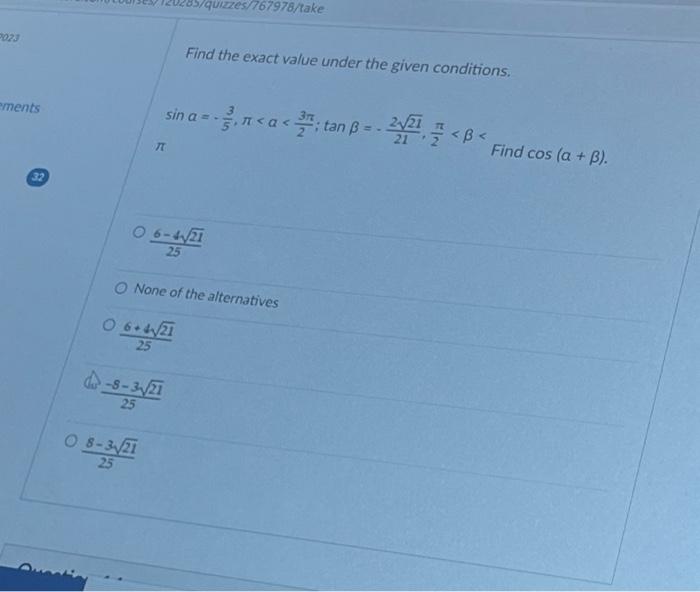 Solved Find the exact value under the given conditions. | Chegg.com