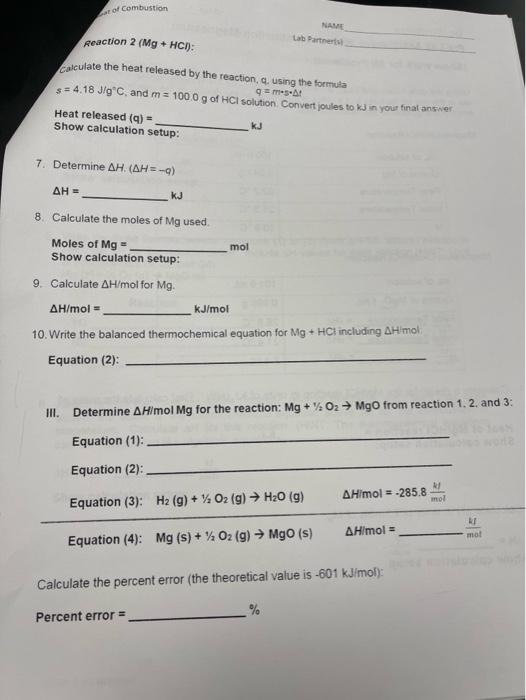 Solved DATA ANALYSIS 1. Reaction 1 ( MgO+HCl) : 1 Calculate | Chegg.com