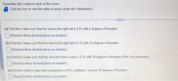 Solved Determine the t-value in each of the cases. Click the | Chegg.com