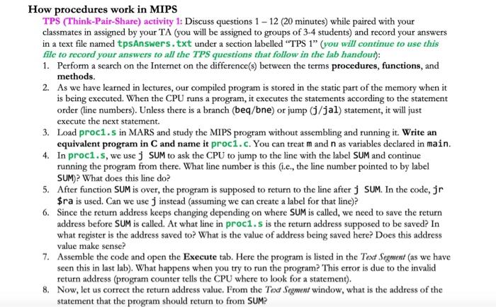 Solved How procedures work in MIPS TPS (Think-Pair-Share) | Chegg.com