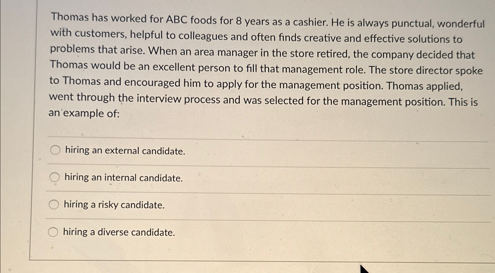 Solved Thomas has worked for ABC foods for 8 ﻿years as a | Chegg.com