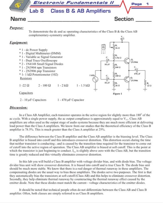 Purpose: To demonstrate the de and ac operating | Chegg.com