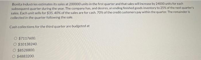 Solved Bonita Industries estimates its sales at 200000 units | Chegg.com
