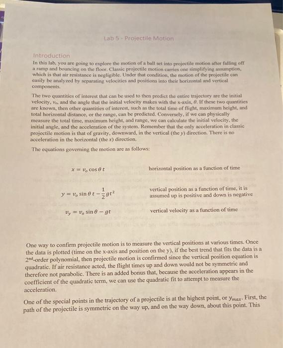 Lab 5 - Projectile Motion Introduction In this lab, | Chegg.com