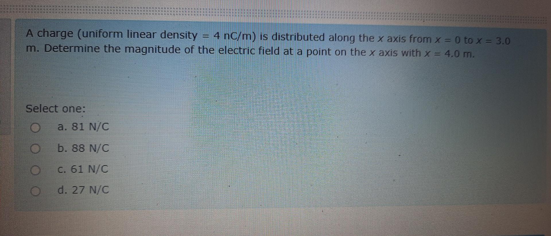 Solved INICIO A charge (uniform linear density = 4 nC/m) is | Chegg.com