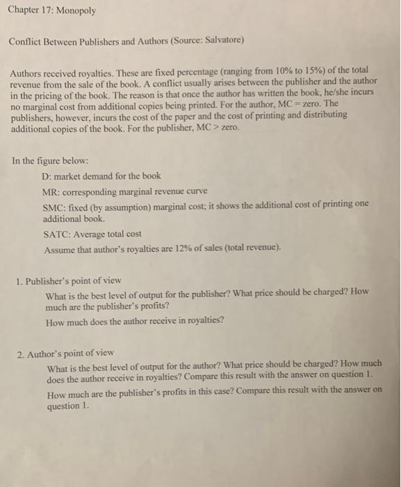 Solved Chapter 17: Monopoly Conflict Between Publishers and | Chegg.com