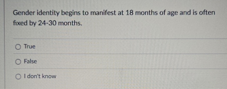Solved Gender identity begins to manifest at 18 ﻿months of | Chegg.com