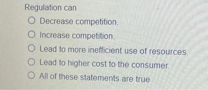 Solved Regulation can O Decrease competition. O Increase | Chegg.com