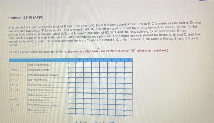 Solved Problem 21-16 (Algo) One unit of A is composed of two | Chegg.com