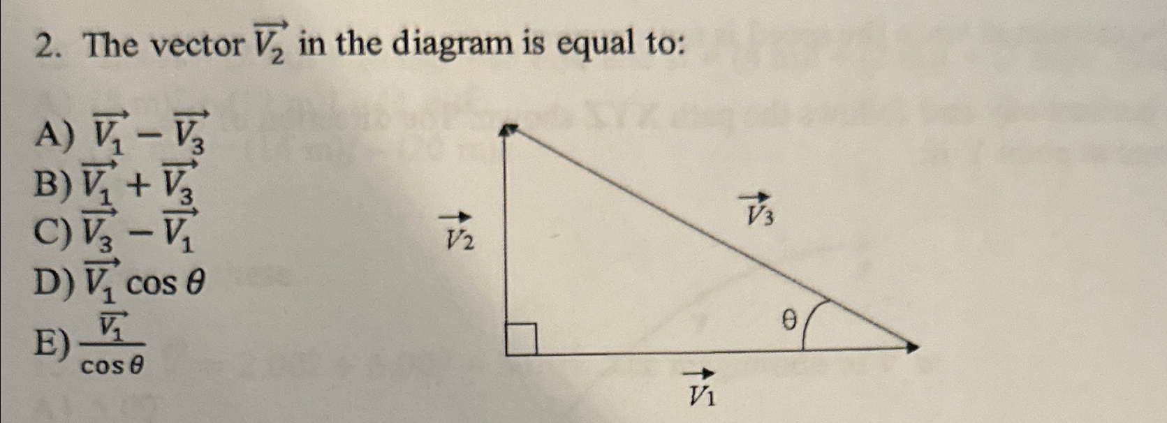 Solved The vector vec(V2) ﻿in the diagram is equal to:A) | Chegg.com