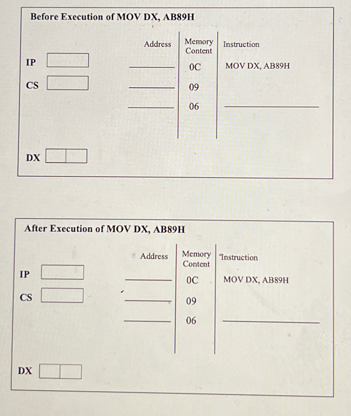 Solved Before Execution of MOV DX, ﻿AB89HAfter Execution of | Chegg.com