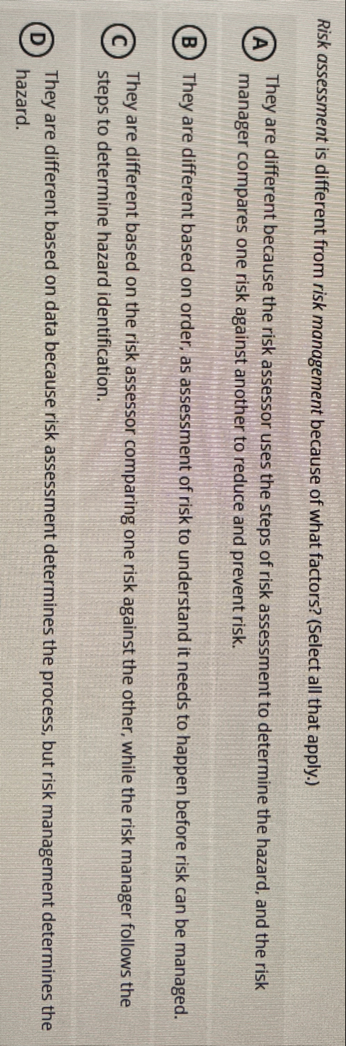 Solved Risk assessment is different from risk management | Chegg.com