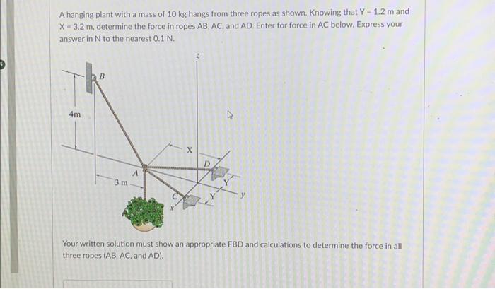 Solved A hanging plant with a mass of 10 kg hangs from three | Chegg.com
