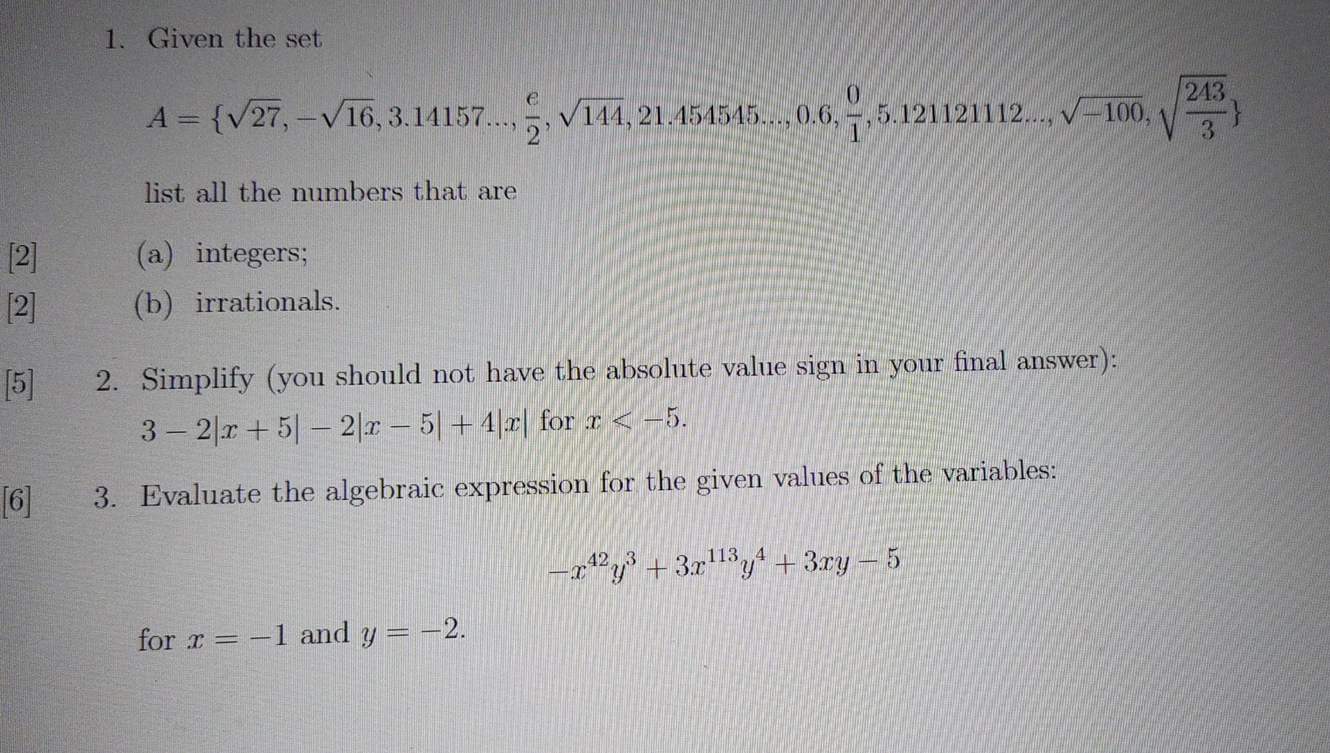 Solved 1. Given the set 0 243 A = {/27, -V16, 3.11157.5, | Chegg.com
