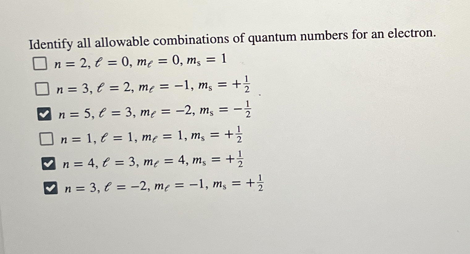 Solved Identify all allowable combinations of quantum | Chegg.com