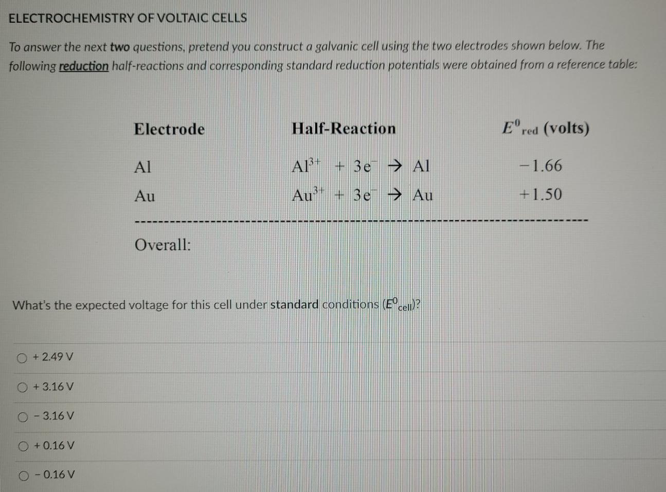 Solved ELECTROCHEMISTRY OF VOLTAIC CELLS To answer the next | Chegg.com