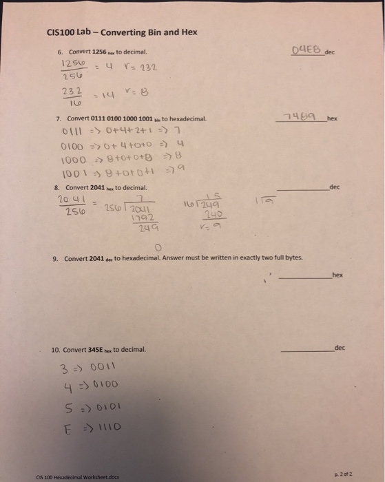 Solved CIS100 Lab - Converting Bin and Hex Name Binary and | Chegg.com