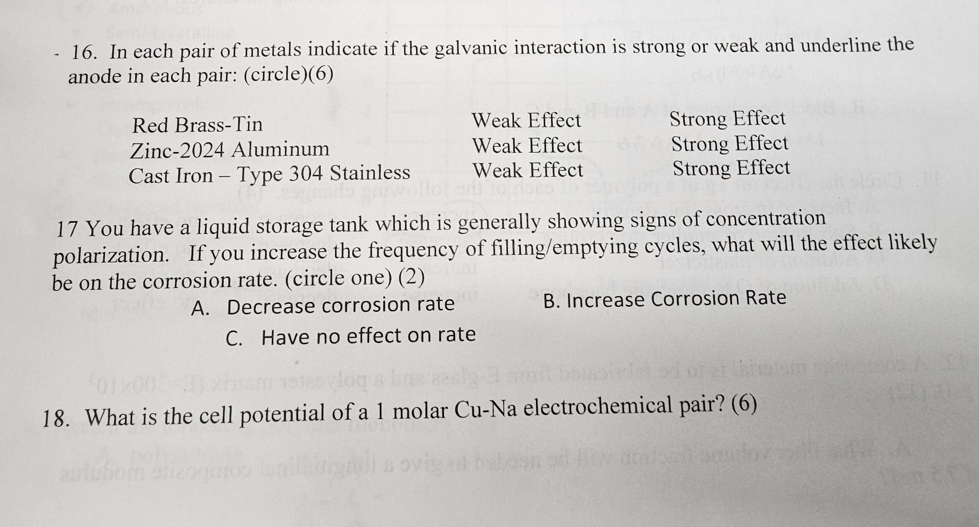 Solved 16. In each pair of metals indicate if the galvanic | Chegg.com