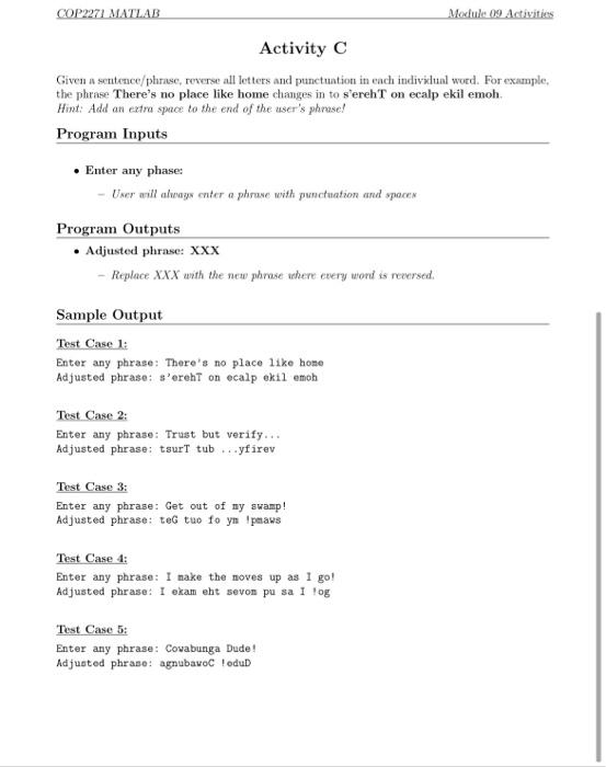 Solved COP2271 MATLAB Moxhult 09 Activities Activity C Given | Chegg.com