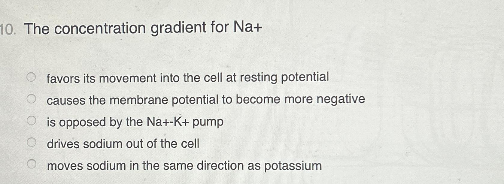 Solved The concentration gradient for Na+favors its movement | Chegg.com