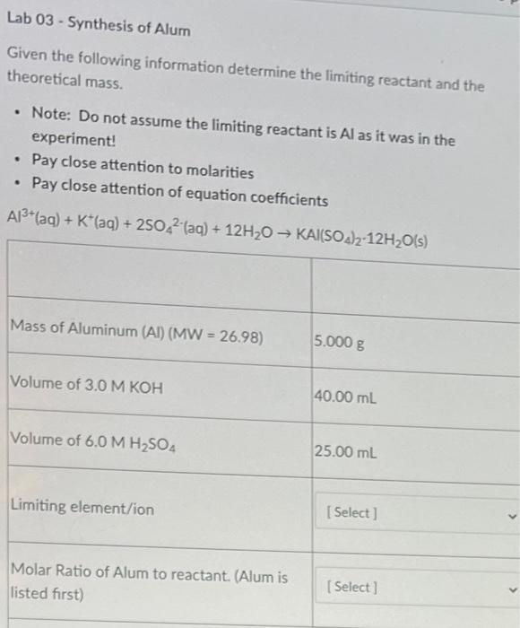 Solved Lab 03 - Synthesis of Alum Given the following | Chegg.com