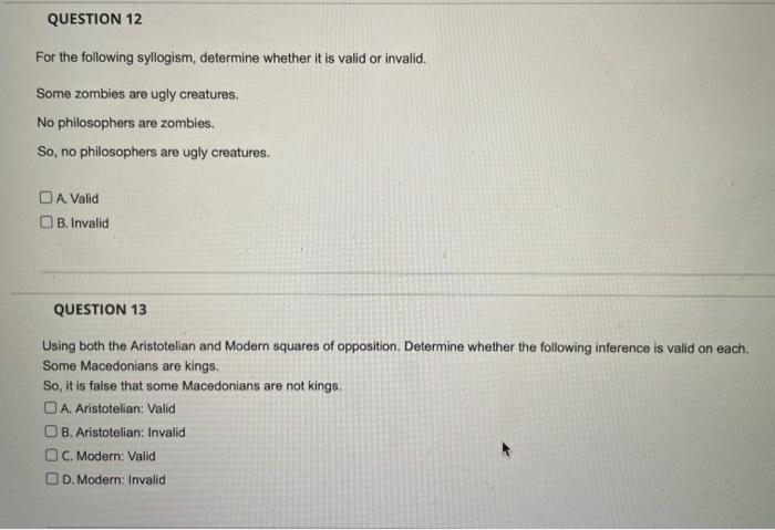 QUESTION 12 For the following syllogism, determine | Chegg.com