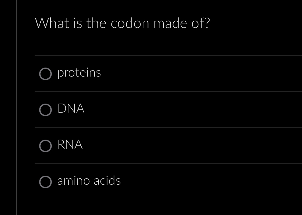 Solved What is the codon made of?proteinsDNARNAamino acids | Chegg.com