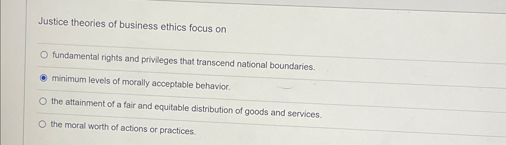 Solved Justice theories of business ethics focus | Chegg.com