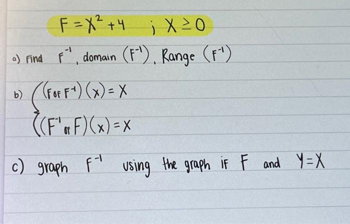 Solved F=x2+4;x≥0 a) find F−1, domain (F−1). Range (F−1) b) | Chegg.com