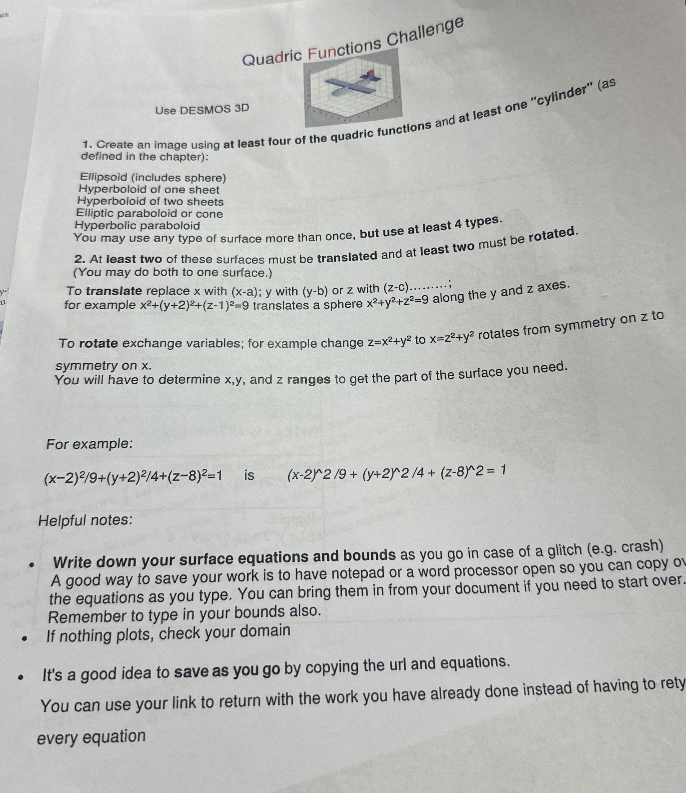 Quadric Functions ChallengeUse DESMOS 3D defined in | Chegg.com