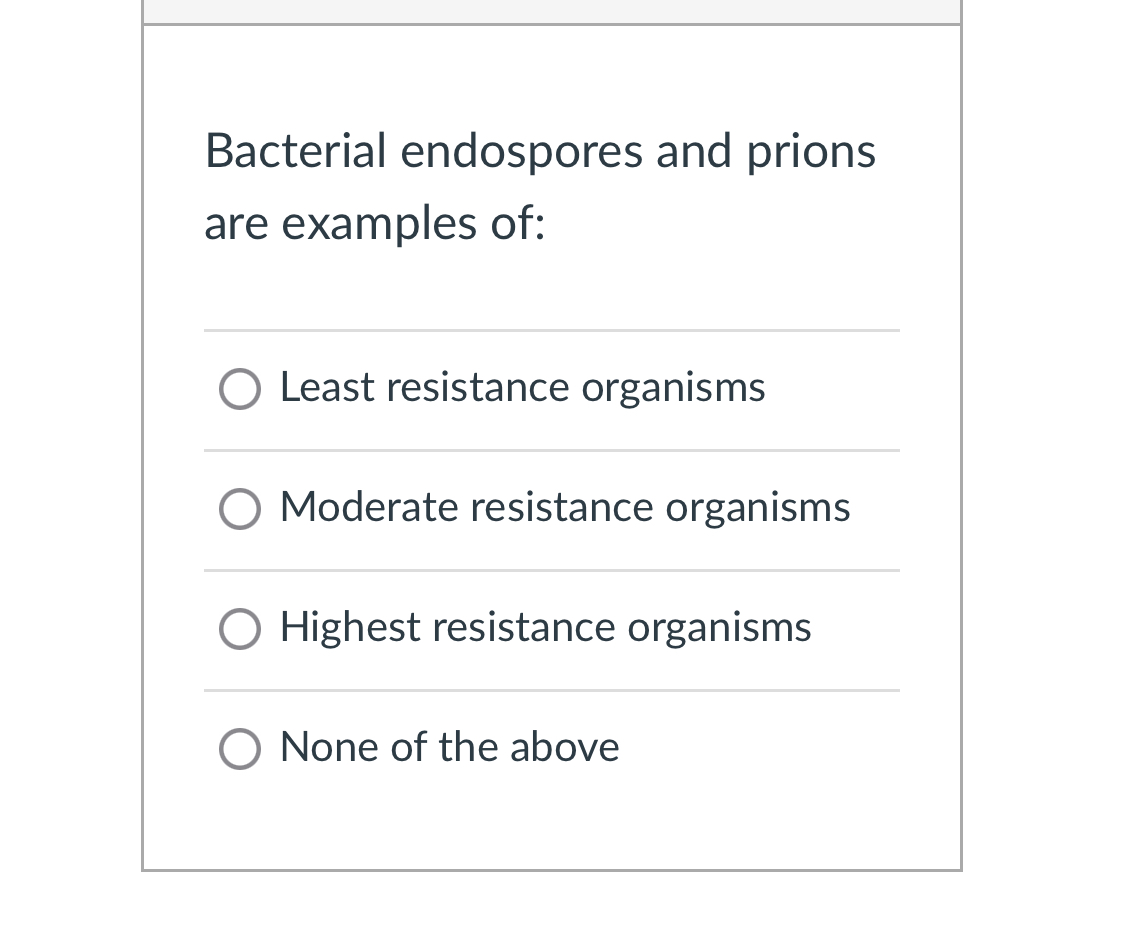 Solved Bacterial endospores and prions are examples of:Least | Chegg.com