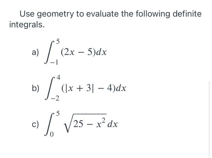Solved Use geometry to evaluate the following definite | Chegg.com