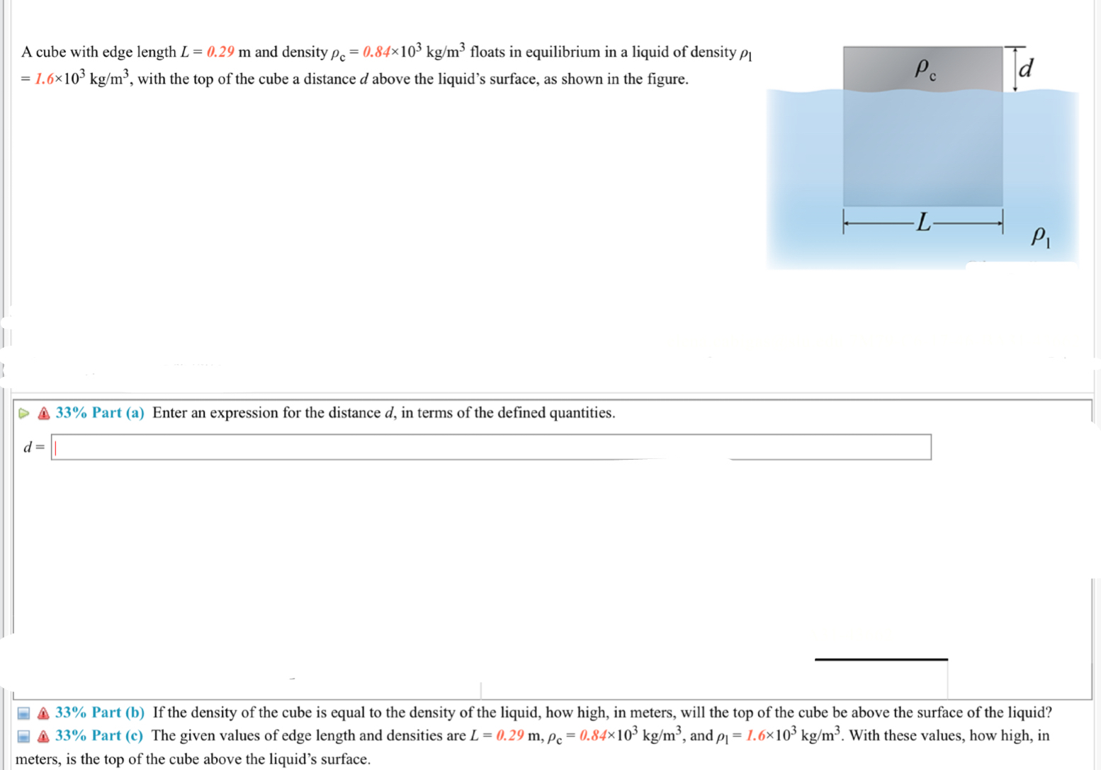 Solved A cube with edge length L=0.29m ﻿and density | Chegg.com