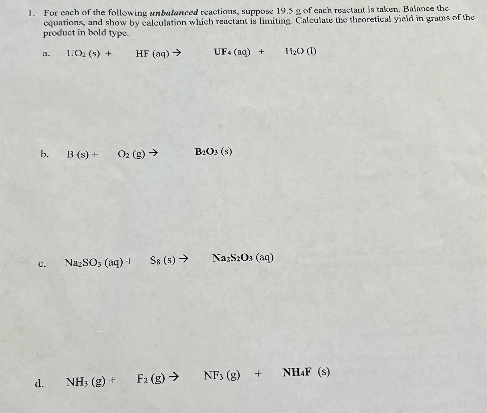 Solved For each of the following unbalanced reactions, | Chegg.com