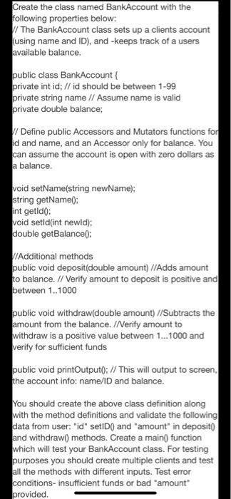 Solved Create the class named BankAccount with the following | Chegg.com