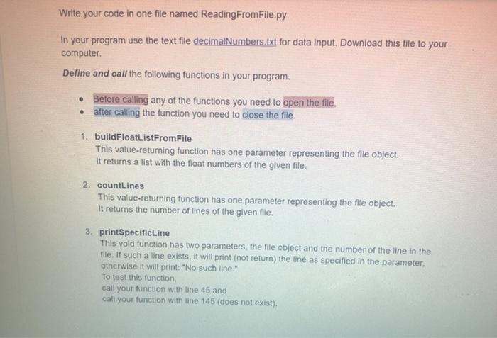 Solved Write your code in one file named Reading FromFile.py | Chegg.com