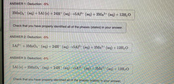Solved MnO4−(aq)+Al(s)→Mn2+(aq)+Al3+(aq) Express your answer | Chegg.com