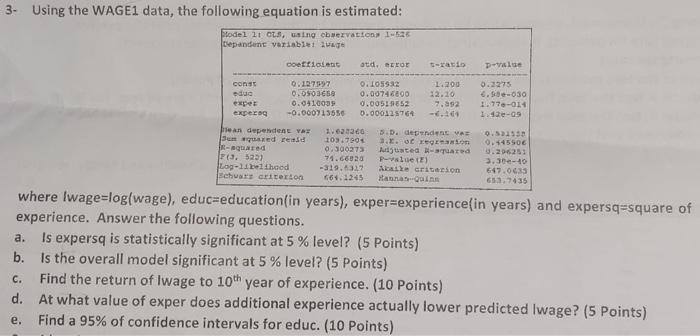 3. Using the WAGE1 data, the following equation is | Chegg.com