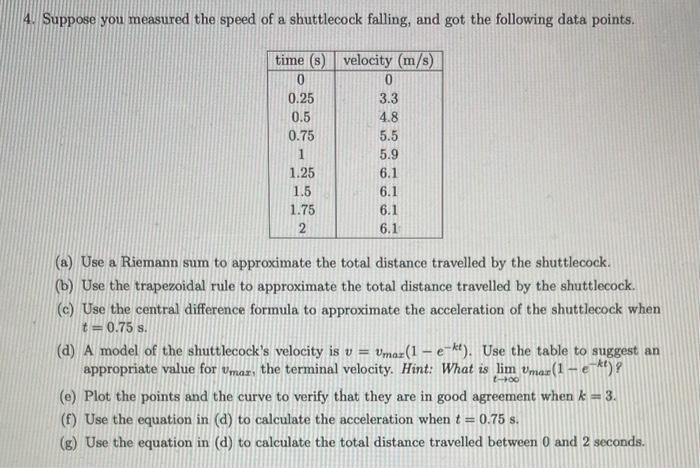 Solved Suppose you measured the speed of a shuttlecock | Chegg.com