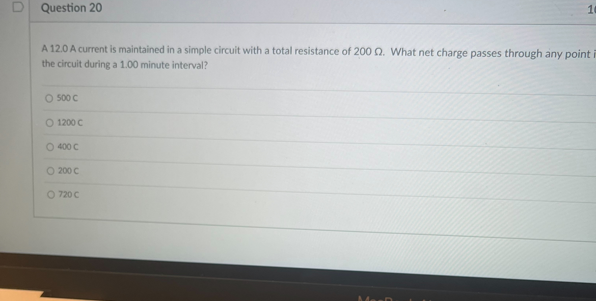 Solved Question 20A 12.0 ﻿A current is maintained in a | Chegg.com
