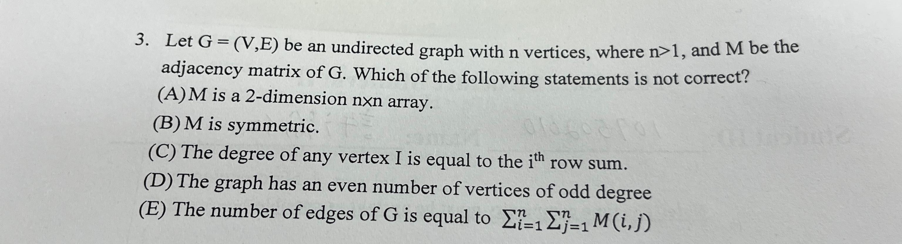 Solved Let G=(V,E) ﻿be an undirected graph with n ﻿vertices, | Chegg.com