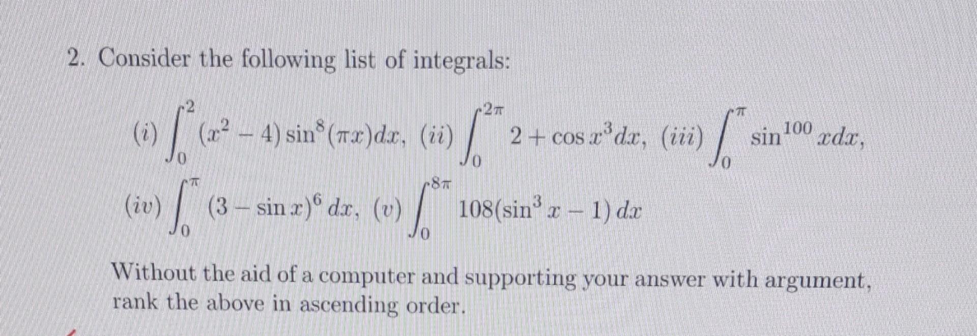 Solved 2. Consider the following list of integrals: (i) | Chegg.com