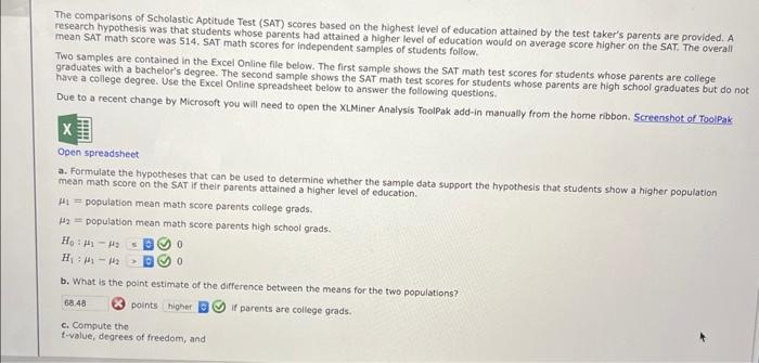 Solved The comparisons of Scholastic Aptitude Test (SAT) | Chegg.com