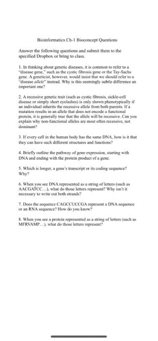 Solved Bioinformatics Ch-1 Bioconcept Questions Answer the | Chegg.com