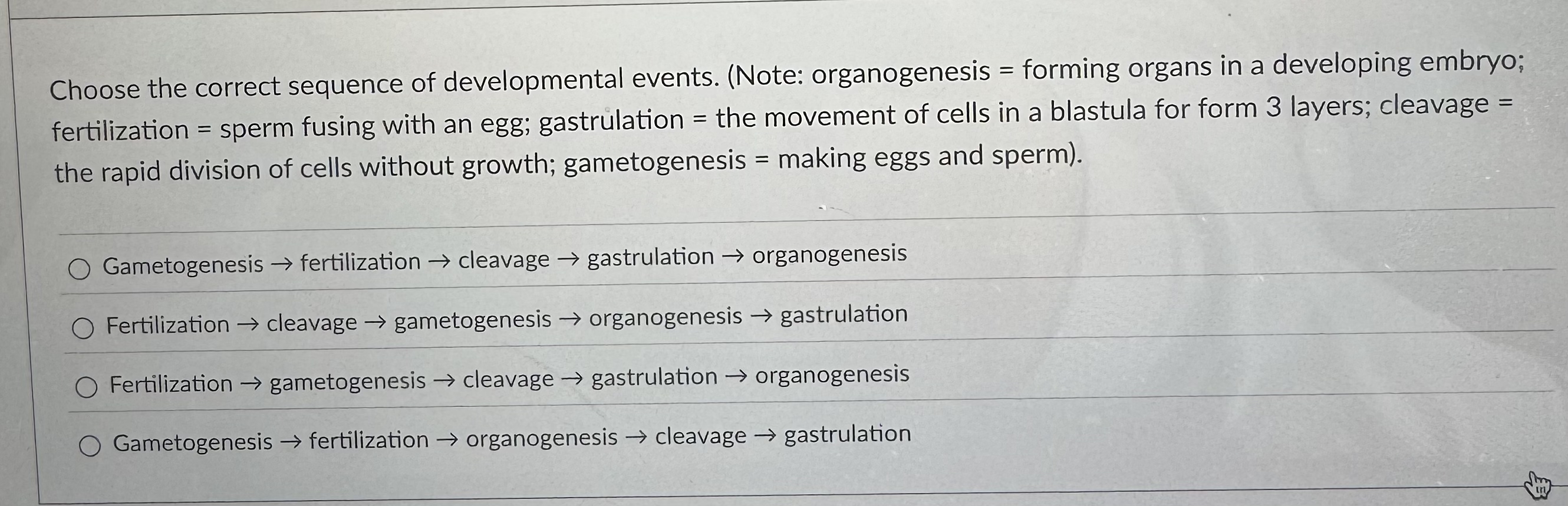 Solved Choose the correct sequence of developmental events. | Chegg.com