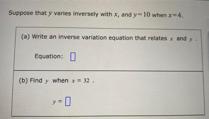 Solved Suppose that y varies inversely with x, and y=10 when | Chegg.com